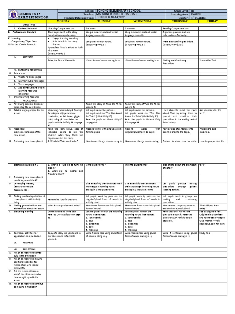 DLL - English 3 - Q1 - W8 | PDF | Plural | Noun