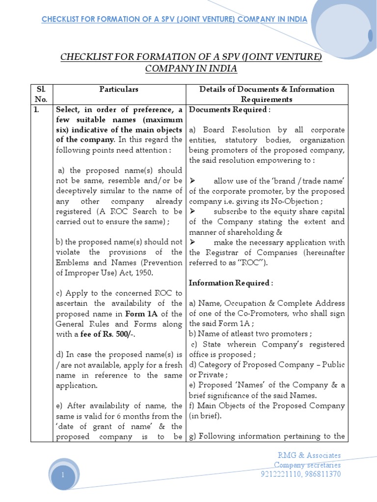 SPV Company Formation Checklist India | PDF | Identity Document ...