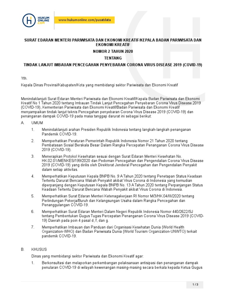 Surat Edaran Menteri Pariwisata Dan Ekonomi Kreatif Kepala Badan ...