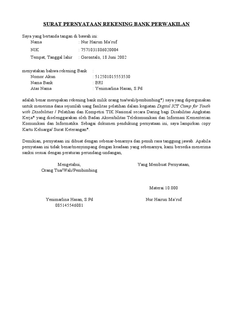 Surat Pernyataan Rekening Yang Diwakilkan | PDF