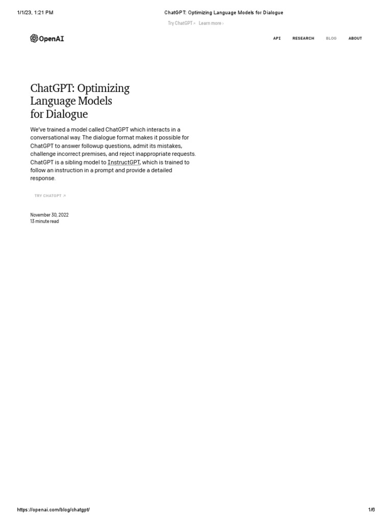 ChatGPT - Optimizing Language Models For Dialogue - Based On ...