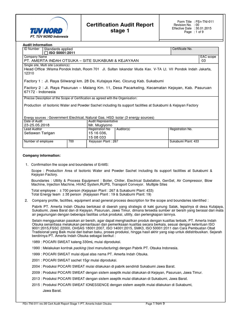 ZZZ FEn-TNI-011 Rev.00 Cert Audit Report Stage 1 PT. Amerta Indah Otsuka | PDF | Teknologi ...