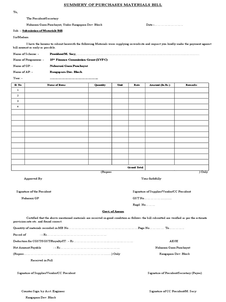 Materials Bill Submission Format | PDF | Payments | Economies