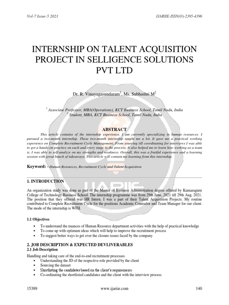 INTERNSHIP ON TALENT ACQUISITION PROJECT Ijariie15389 | PDF ...