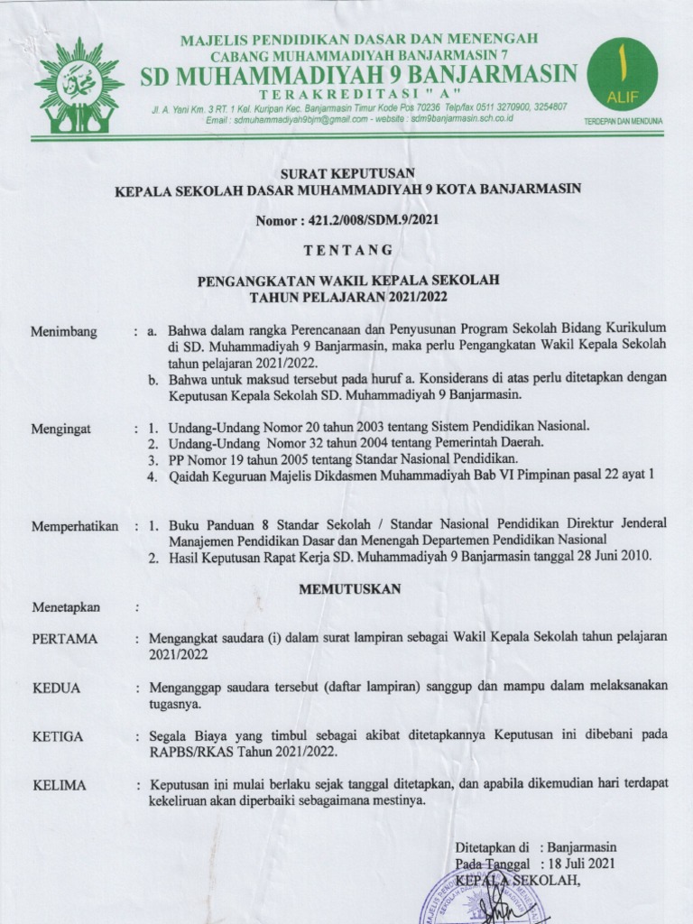 SK Pengangkatan Wakasek 2021 2022 | PDF