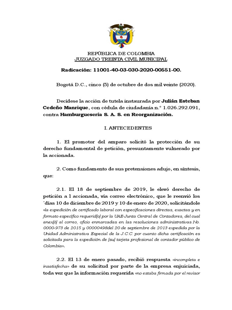 Fallo Tutela 2020-00551 Concede (Petición) | PDF | Contador | Petición