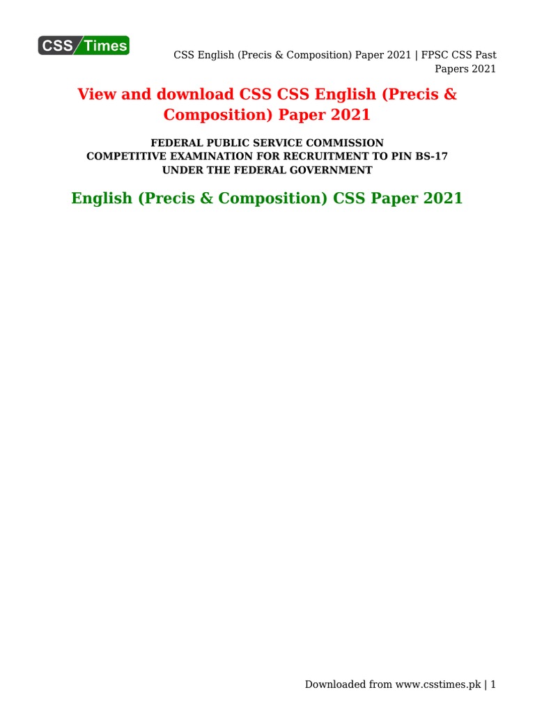 CSS English (Precis & Composition) Paper 2021 - FPSC CSS Past Papers ...