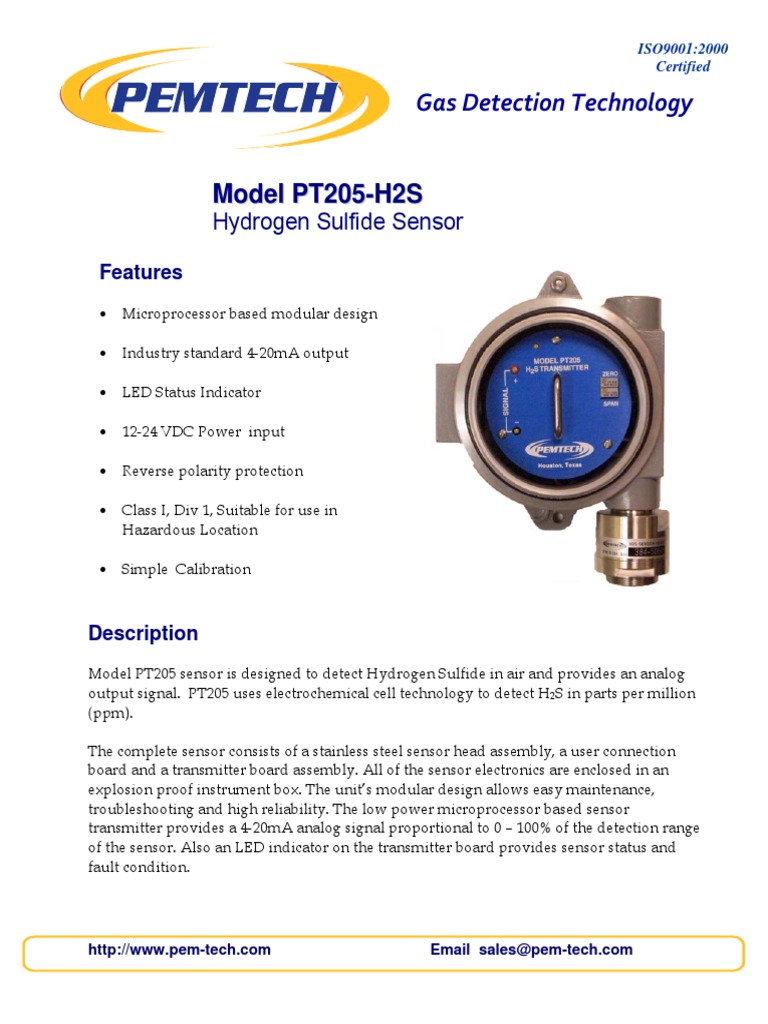PT205 Hydrogen Sulfide | PDF | Sensor | Electrical Engineering