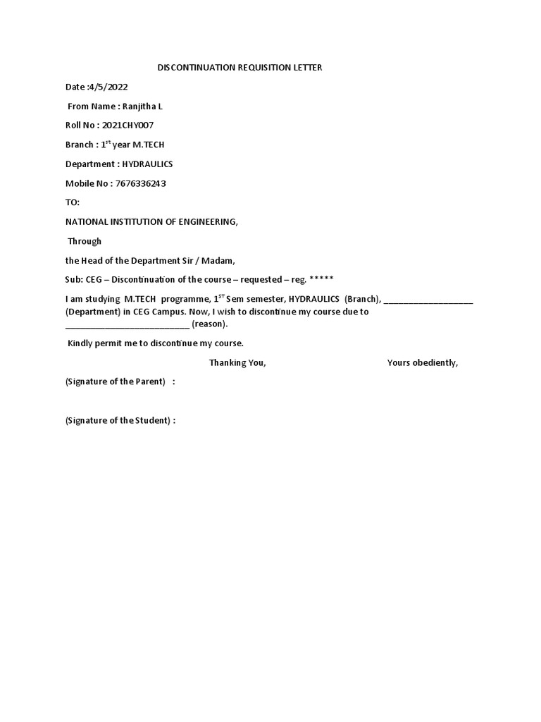 Discontinuation Requisition Letter | PDF