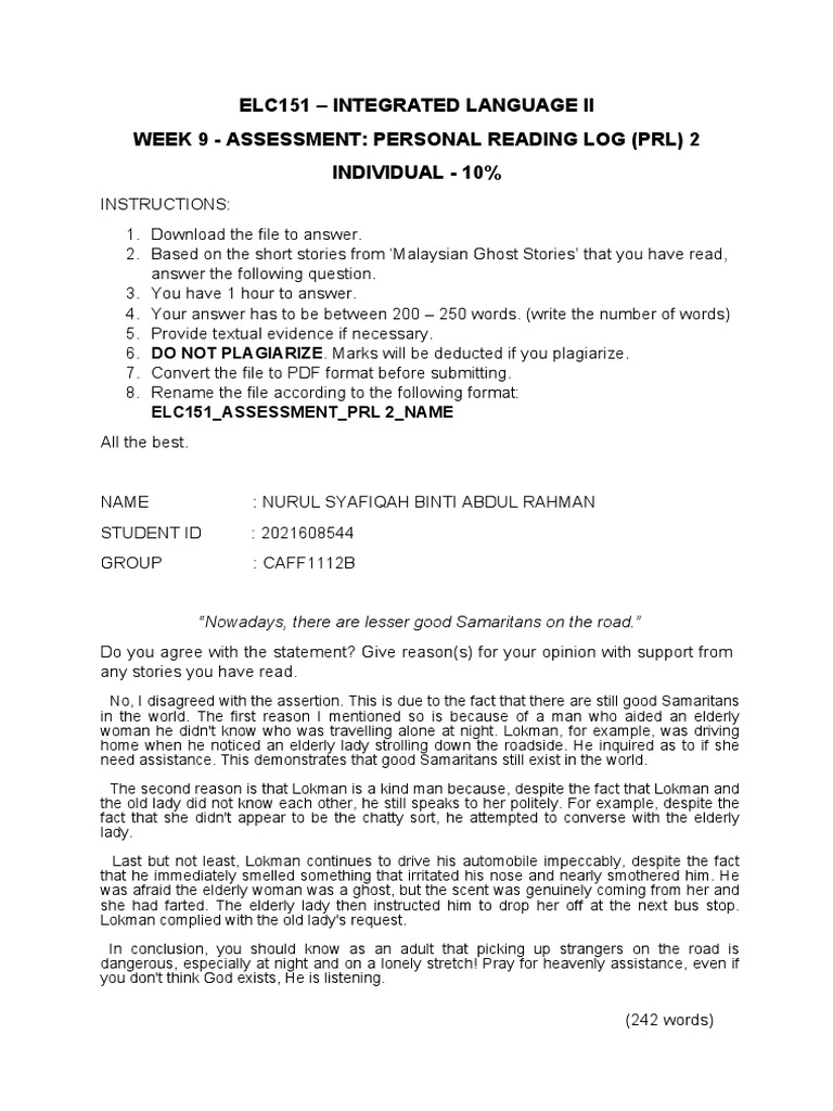 Elc151 - Assessment - PRL 2 - Nurul Syafiqah Binti Abdul Rahman | PDF ...