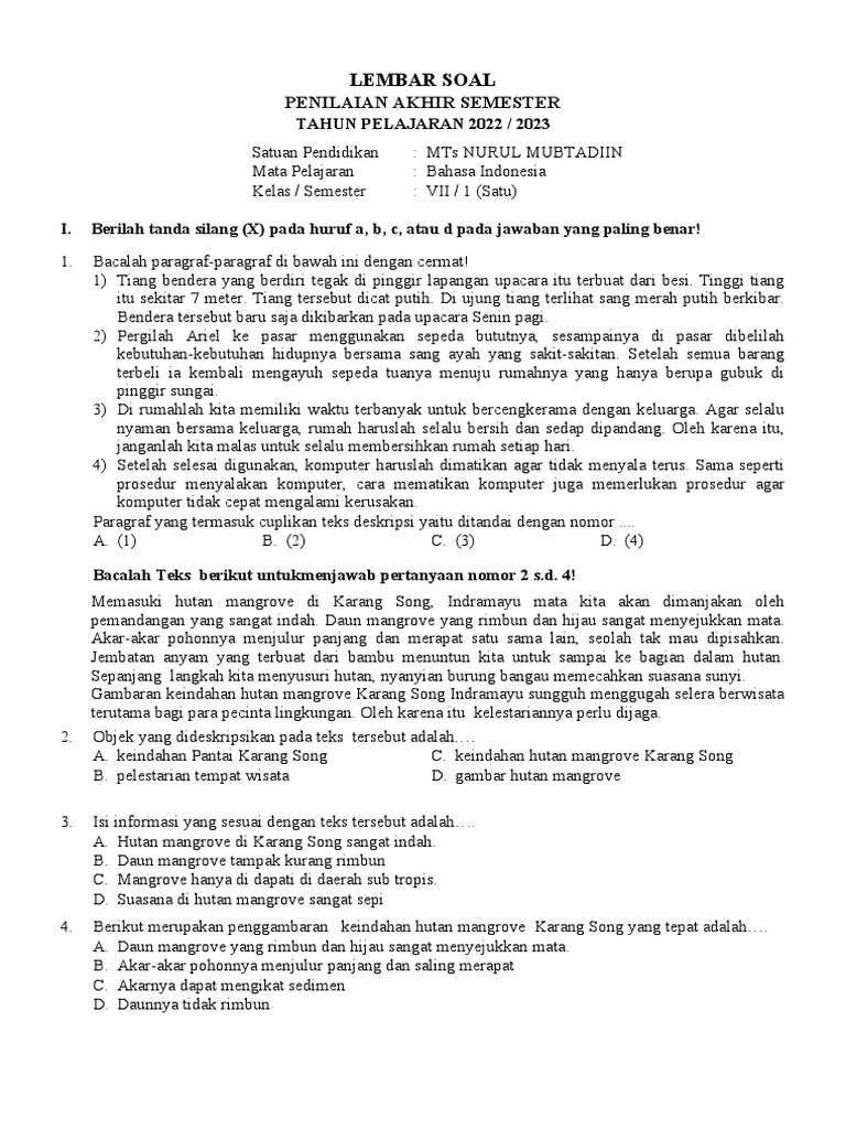 Soal PAS B.indo Kelas 7 | PDF