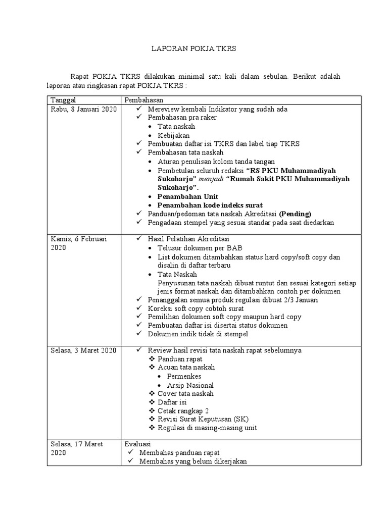 Laporan Kegiatan Pokja TKRS | PDF