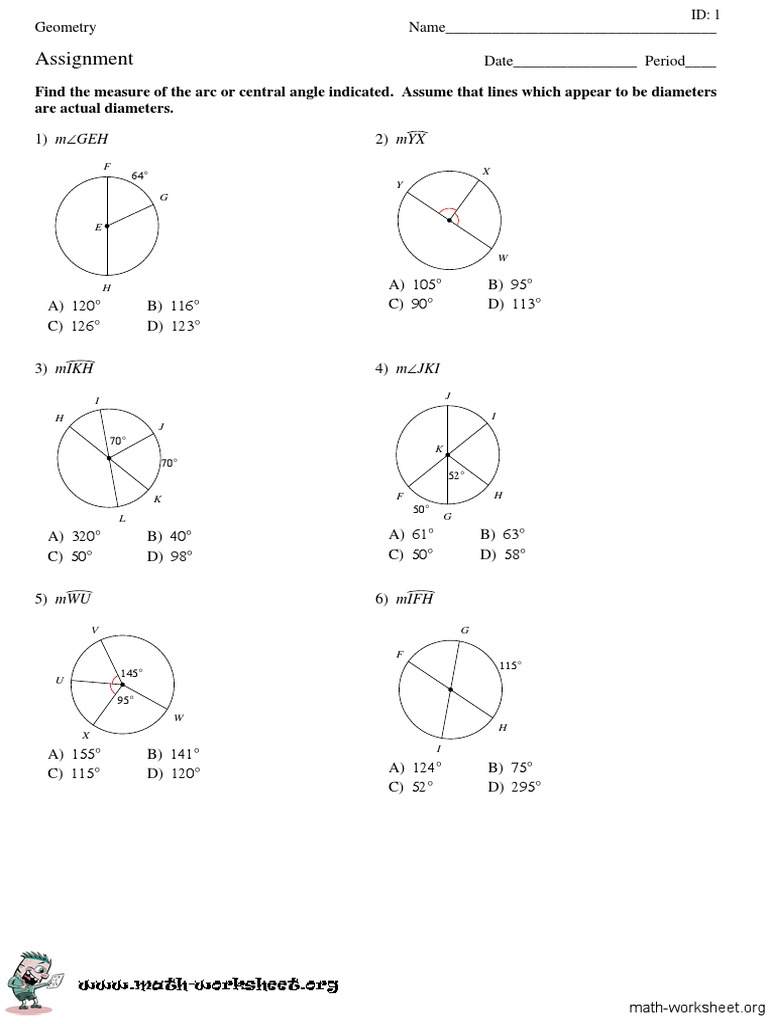 Geometry Worksheet: Finding Measures of Central Angles and Arcs | PDF ...