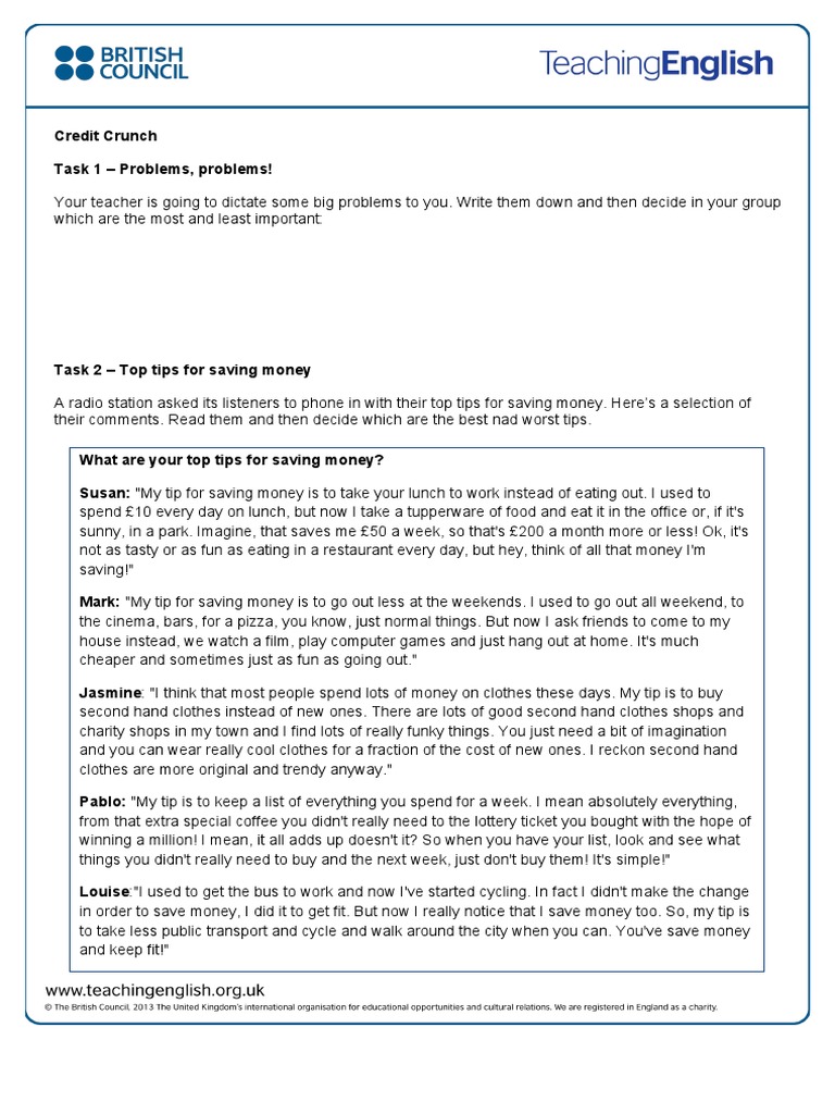Credit Crunch Student Worksheet | PDF | Lifestyle