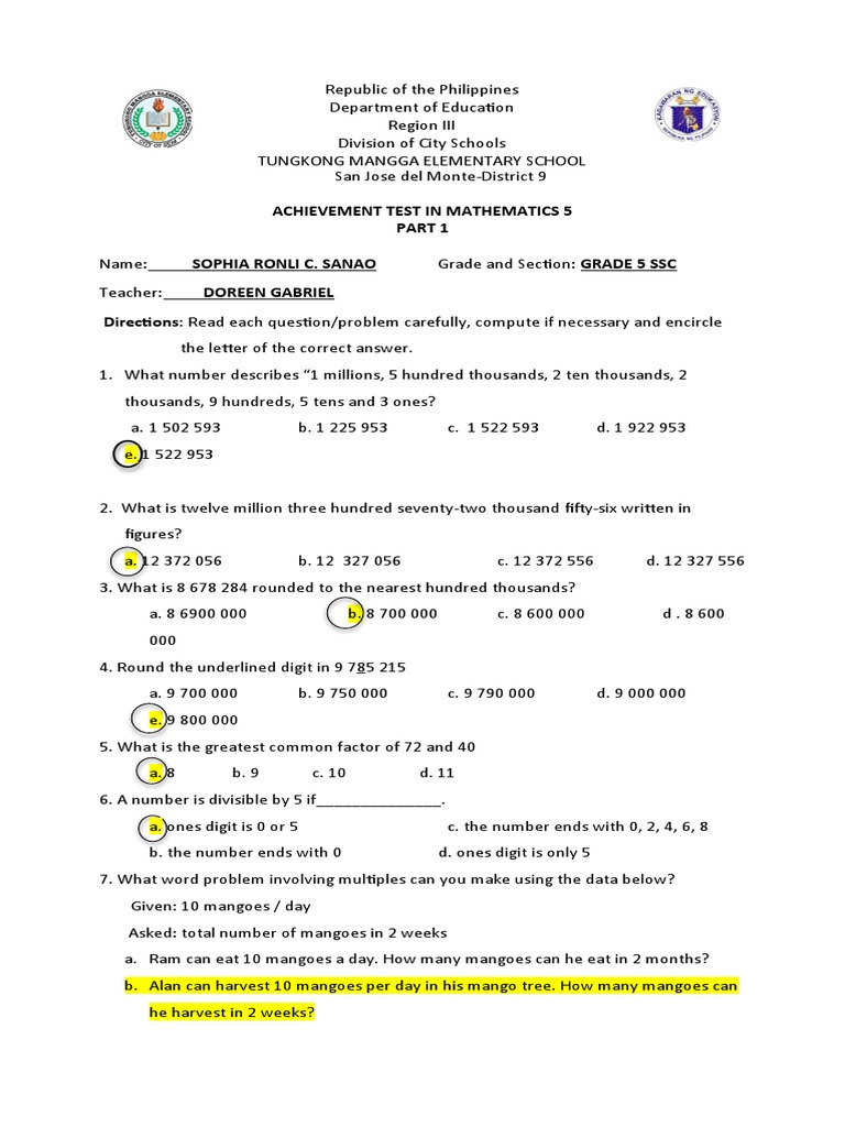 Grade 5-Achievement Test in Math - Part 1 | PDF | Mathematics