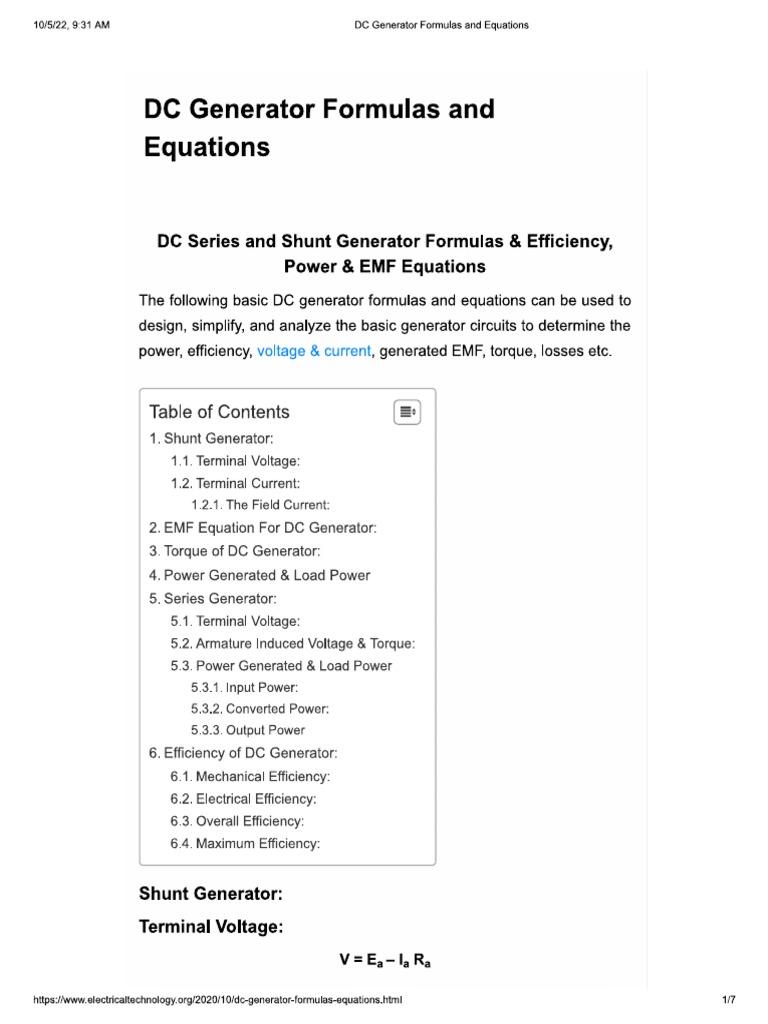 DC Generator Formulas | PDF