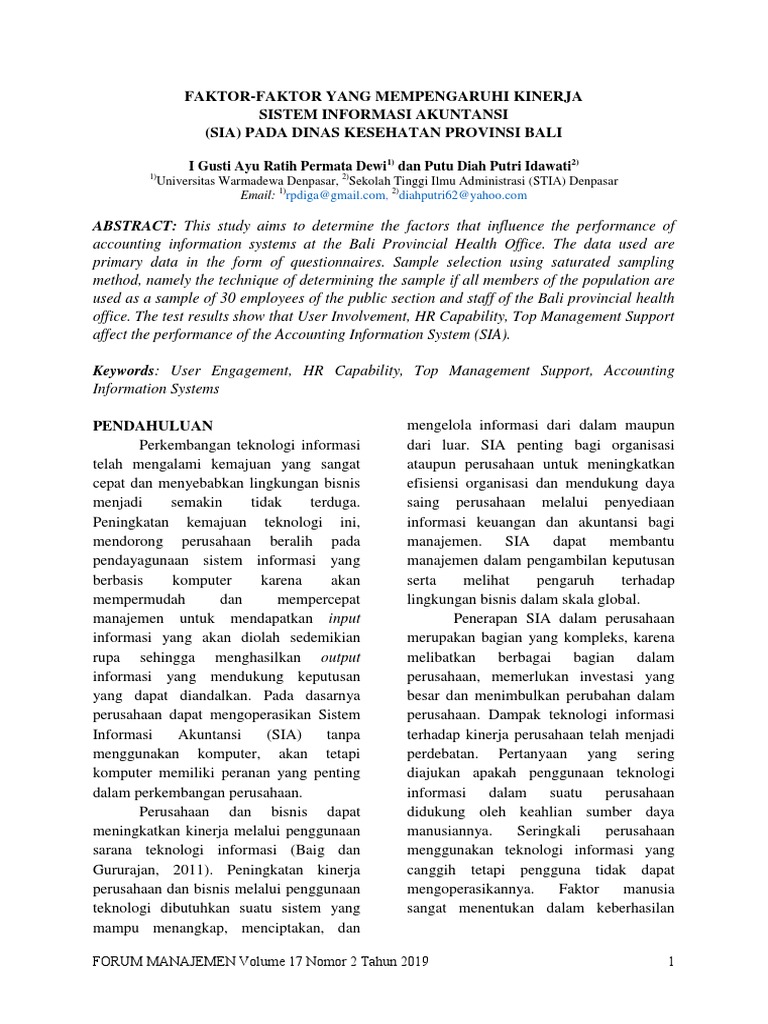 Faktor-Faktor Yang Mempengaruhi Kinerja Sistem Informasi Akuntansi (Sia) Pada Dinas Kesehatan ...