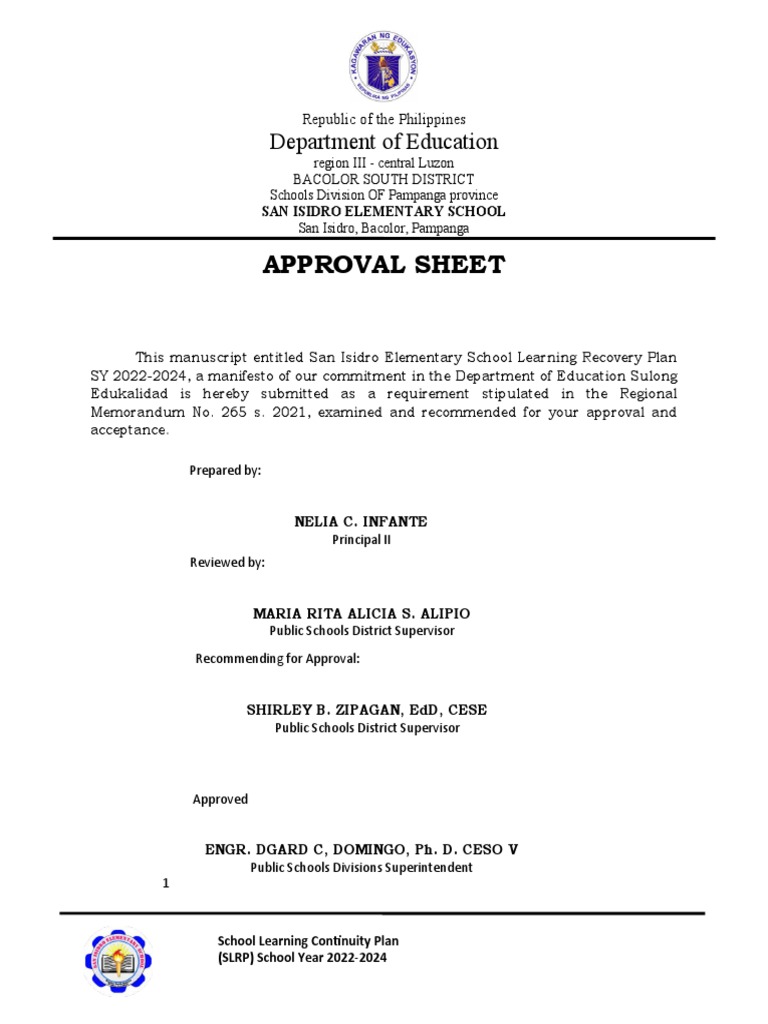 SLRP Approval Sheet | PDF | Teachers | School Counselor