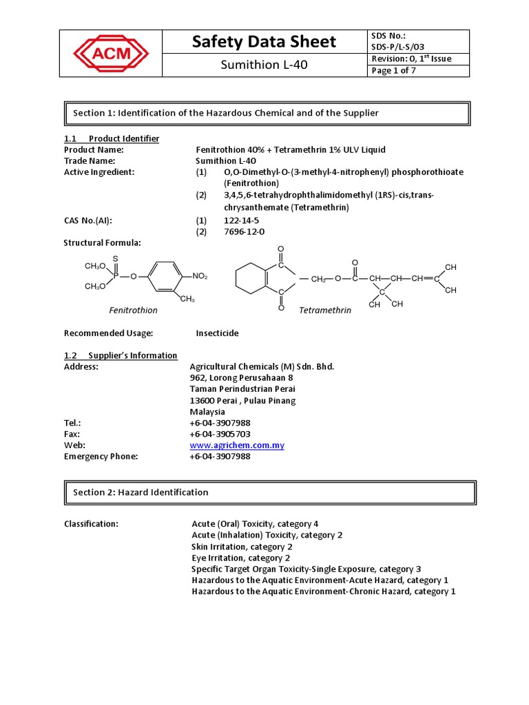 Sumithion L 40 | PDF | Toxicity | Personal Protective Equipment