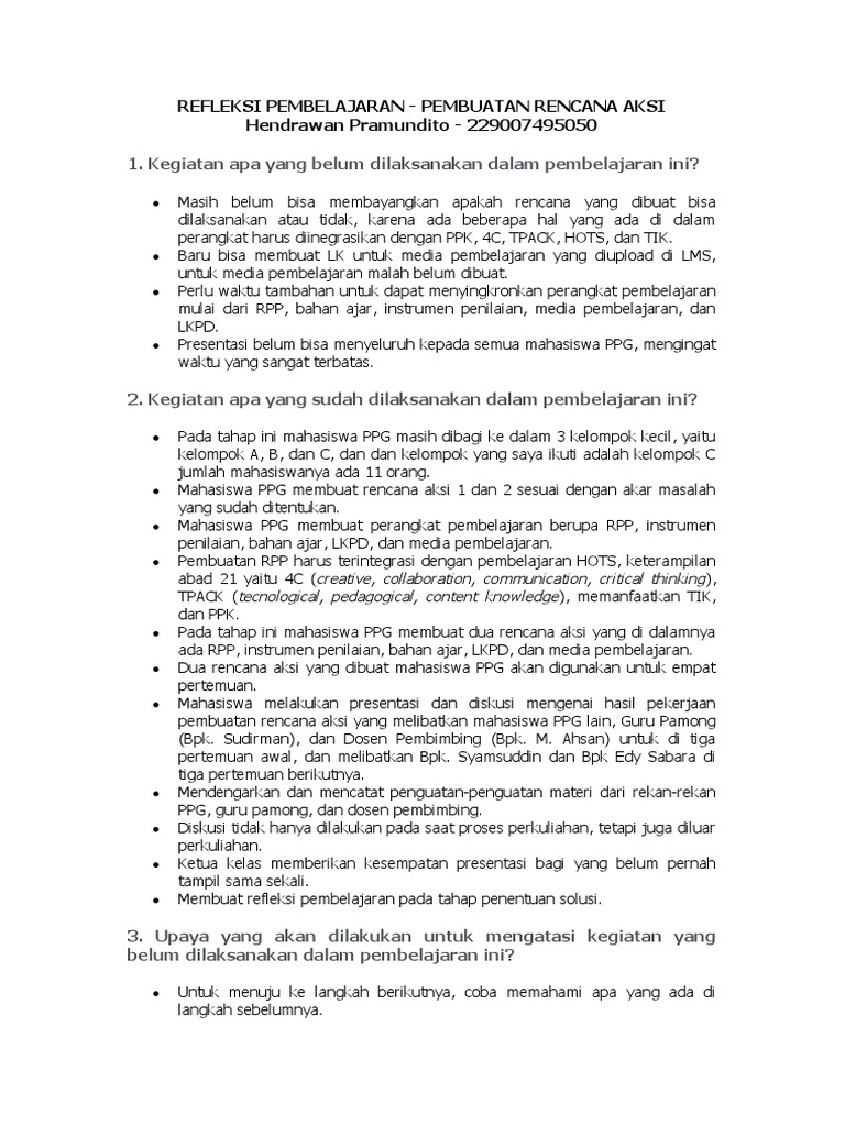 Refleksi Pembelajaran - Pembuatan Rencana Aksi | PDF | Sains & Matematika