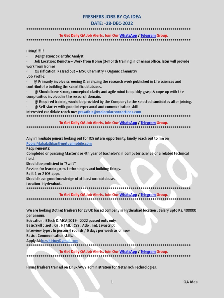 Freshers Jobs 28 Dec 2022 | PDF | Digital Marketing | Internship