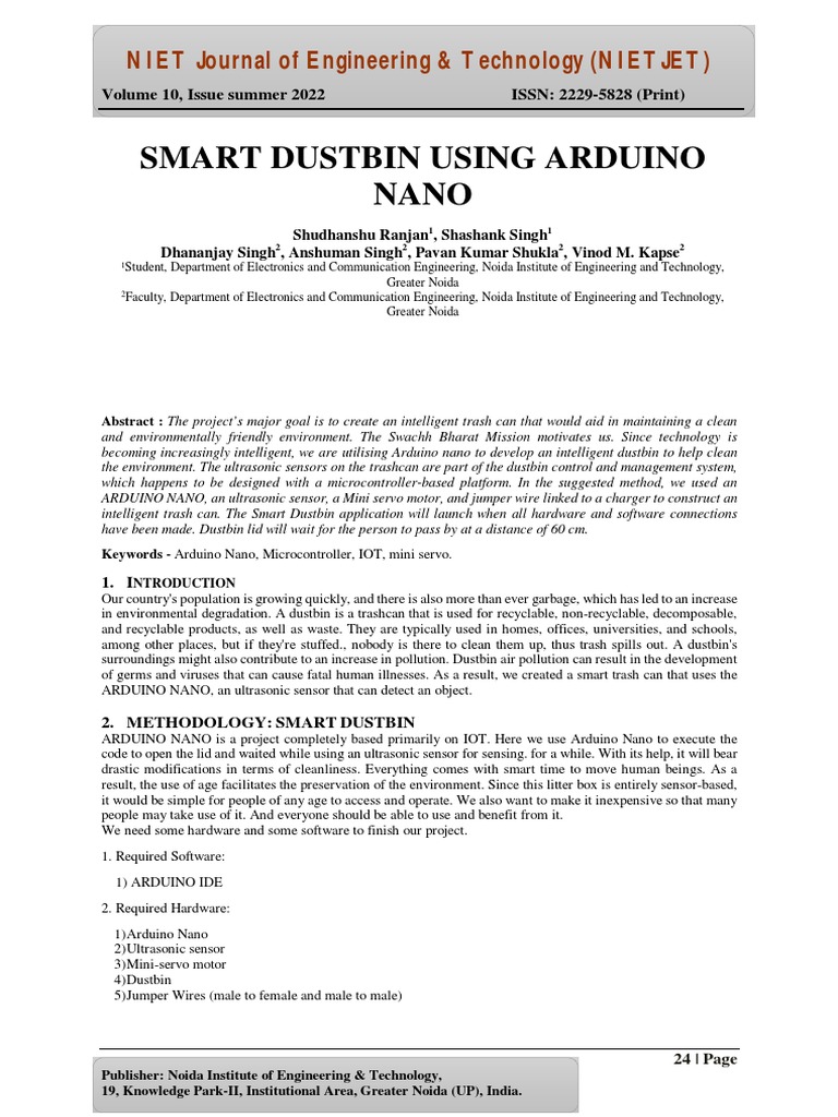 Smart Dustbin Using Arduino Nano Pdf Ultrasound Arduino