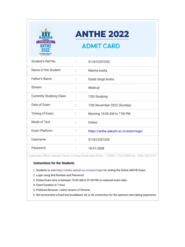 Admitcard - Scholarships Exam | PDF