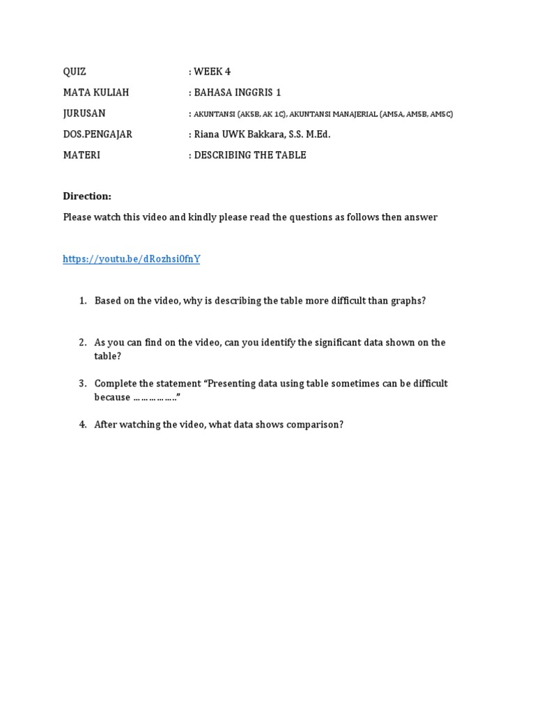 Quiz Week 4 Describing Table | PDF