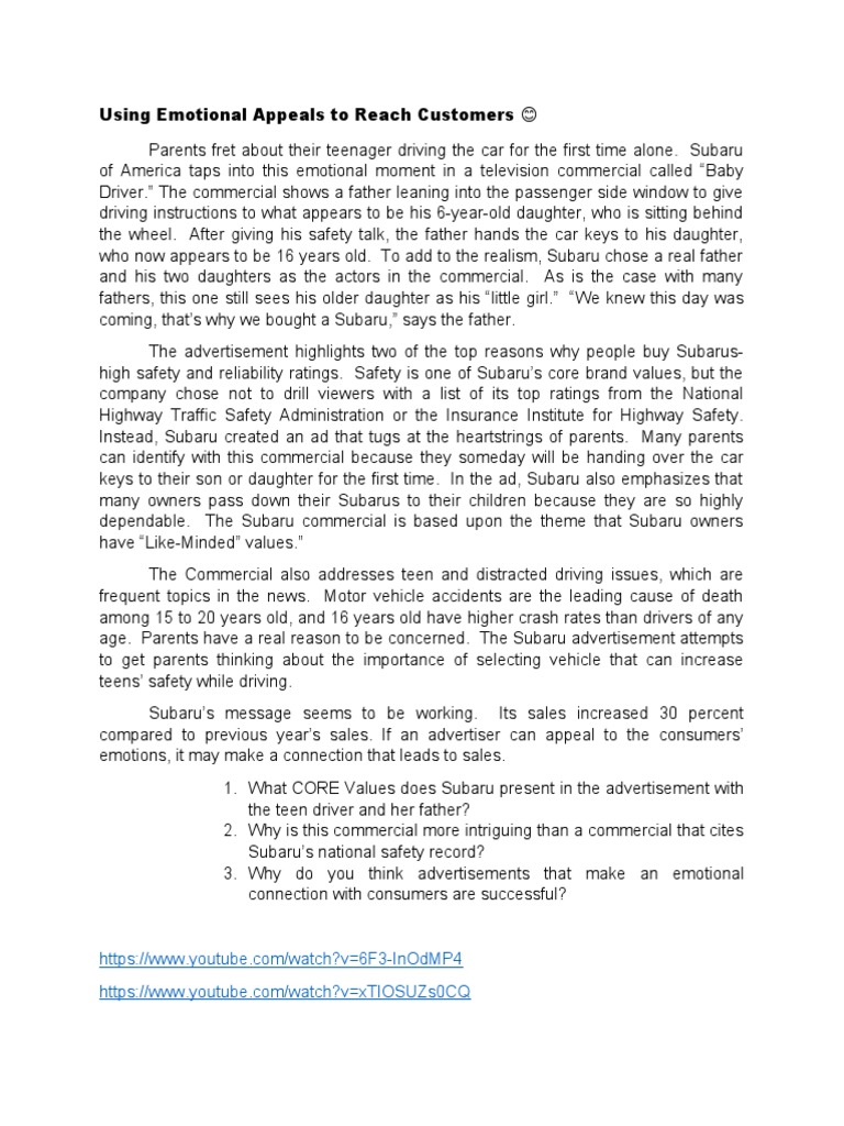 Using Emotional Appeals To Reach Customers Case Study | PDF | Advertising | Car