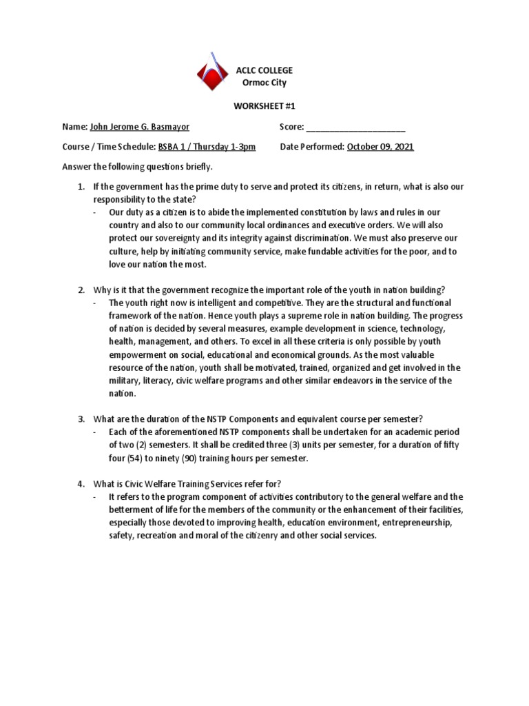 NSTP Worksheet #1 | PDF | Citizenship | Justice