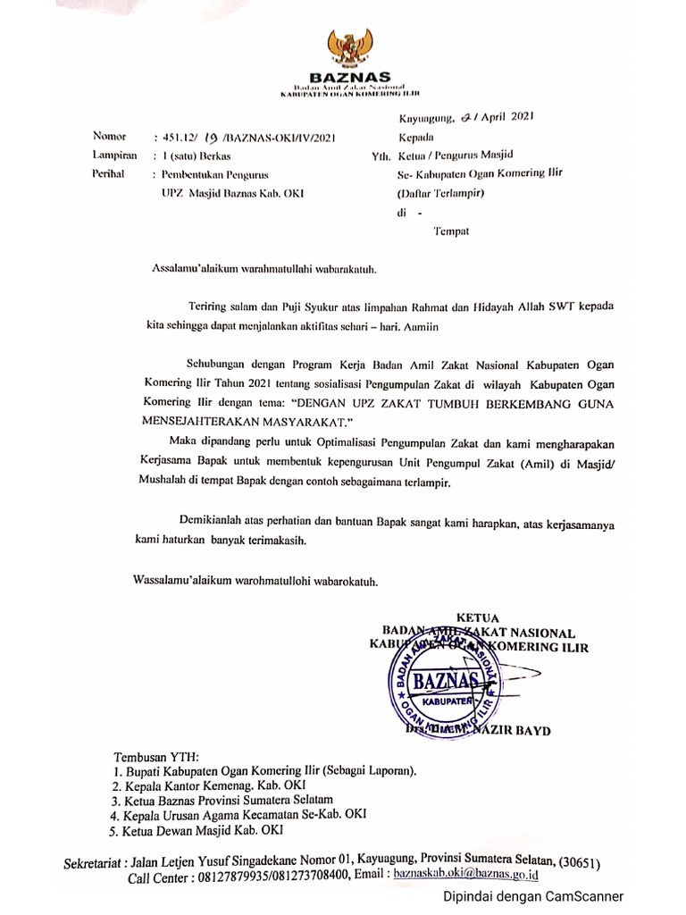 Surat Baznas Pembentukan UPZ Masjid Musholah Se OKI | PDF