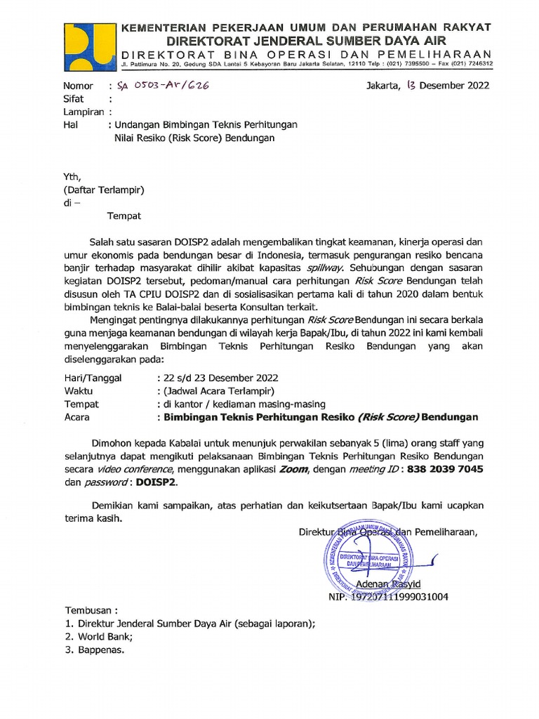 Undangan Bimbingan Teknis Perhitungan Nilai Resiko Bendungan R1 | PDF