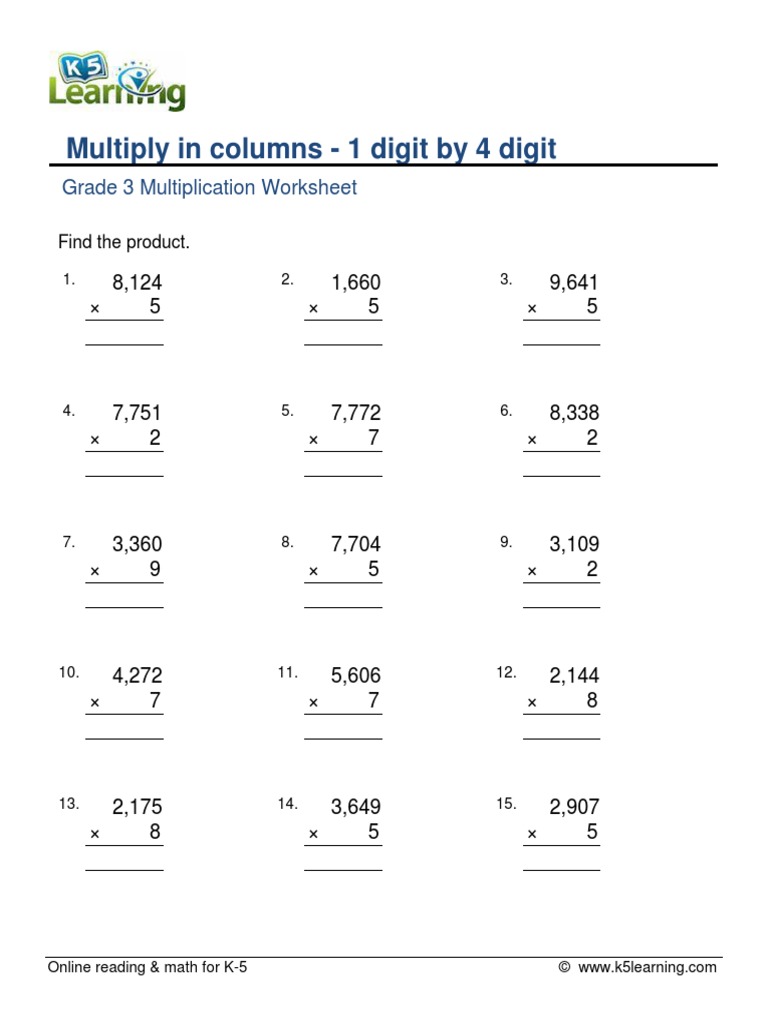 Grade 3 Multiply Columns 1 Digit 4 Digit F | PDF