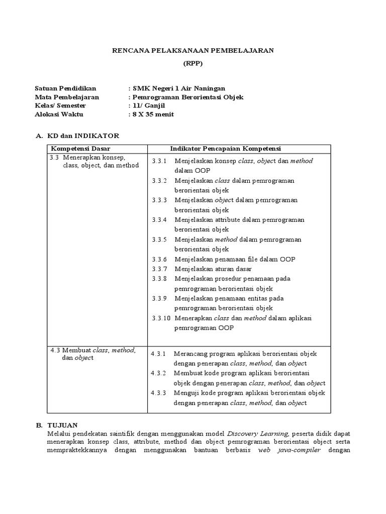 Rpp 33 Memahami Konsep Class Object Dan Method Pdf 