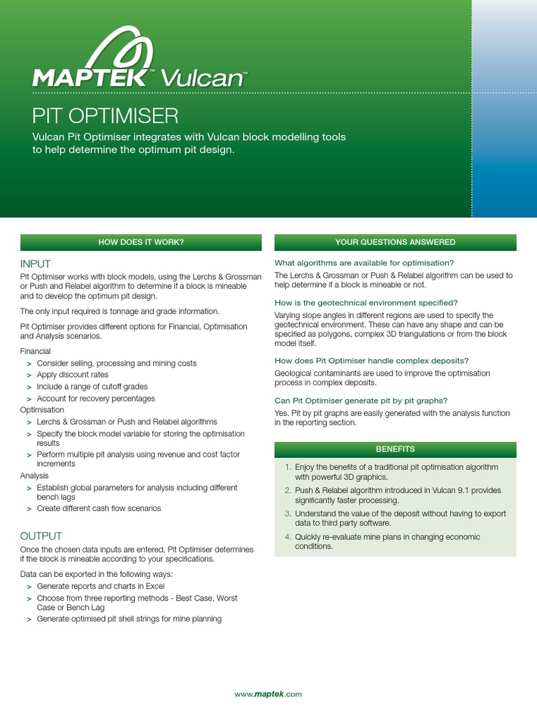 Maptek Vulcan Pit Optimiser | PDF | Mathematical Optimization | Algorithms