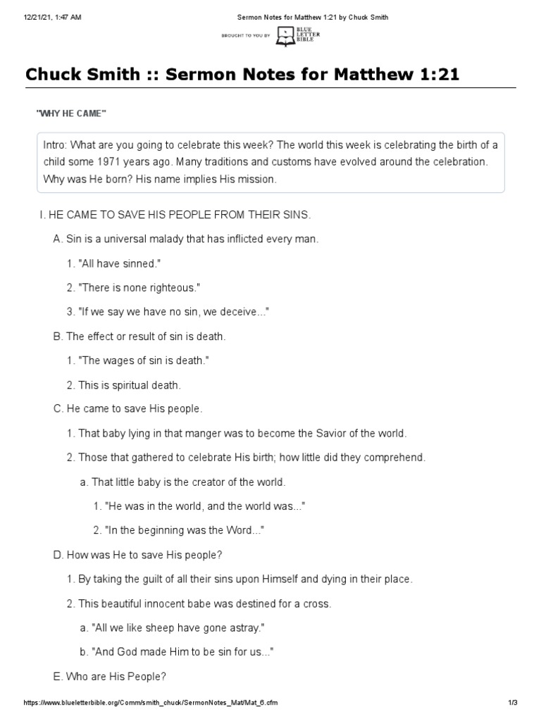 Sermon Notes For Matthew 1 - 21 by Chuck Smith | PDF | Jesus | Gospel ...