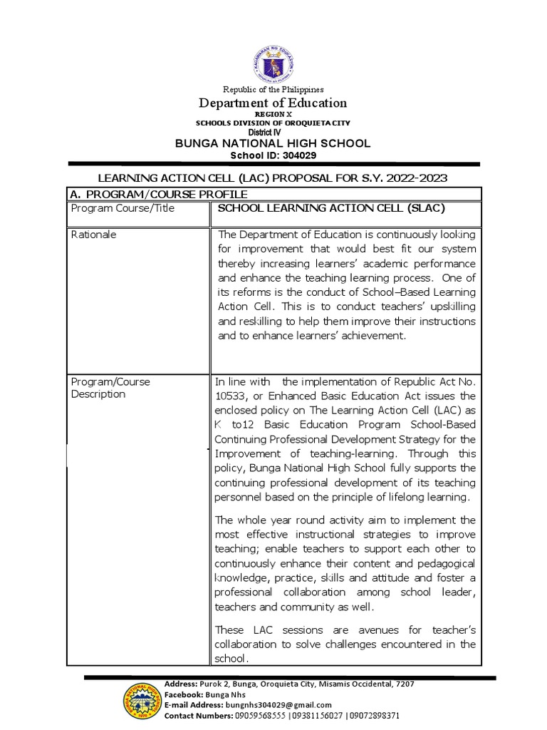BUNGA NHS LAC Proposal SY 2022 2023. | PDF | Teaching Method | Teachers