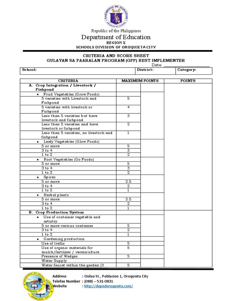 Criteria and Score Sheet For GPP | PDF | Vegetables | Gardens