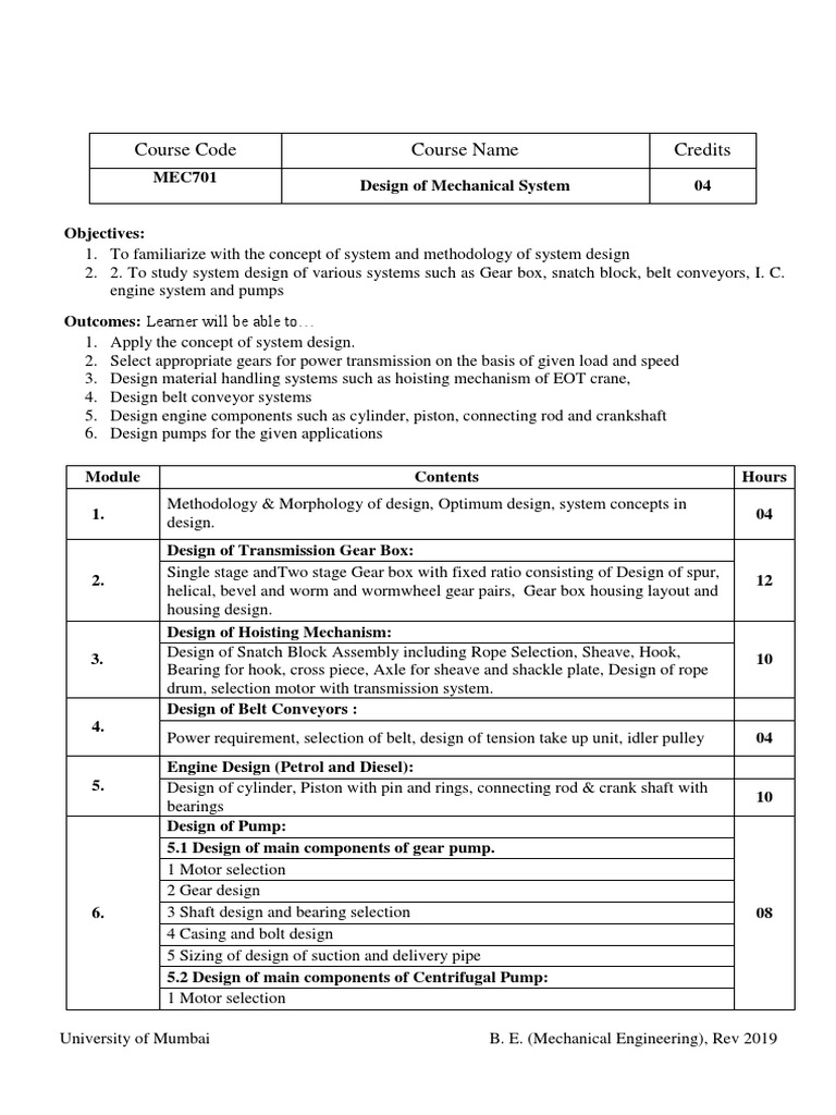 Mechanical System Design Course Overview | PDF | Belt (Mechanical) | Gear