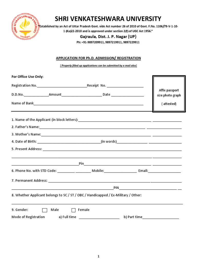 Application Form For Ph.D. Registration | PDF | University And College ...