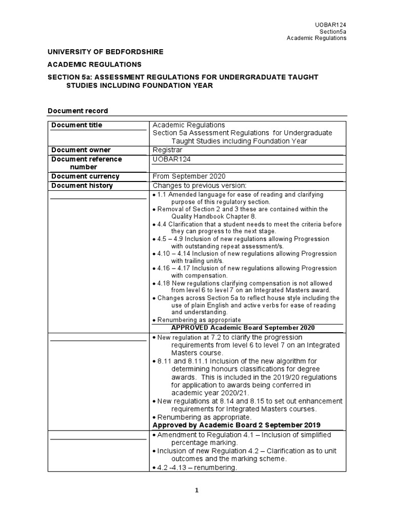Approved Section 5a Undergraduate Assessment Regulations Uobar124 | PDF ...