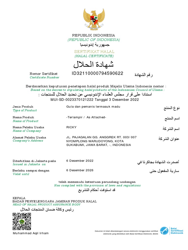 Contoh Sertifikat Halal Zubee | PDF