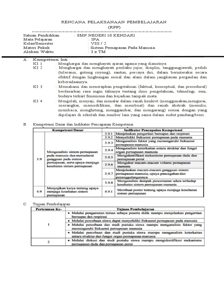 RPP Kelas 8 Sistem Pernapasan | PDF