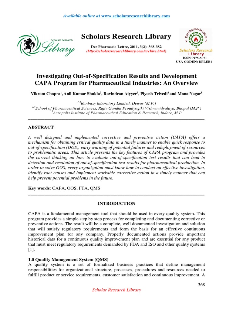 Investigating Outofspecification Results and Development Capa Program For Pharmaceutical ...