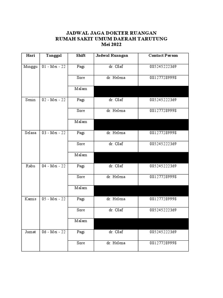 Jadwal Jaga Dokter Ruangan (CP) | PDF