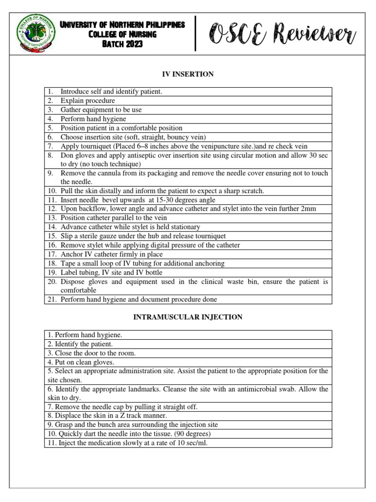 OSCE Nursing Skills Guide | PDF | Catheter | Injection (Medicine)