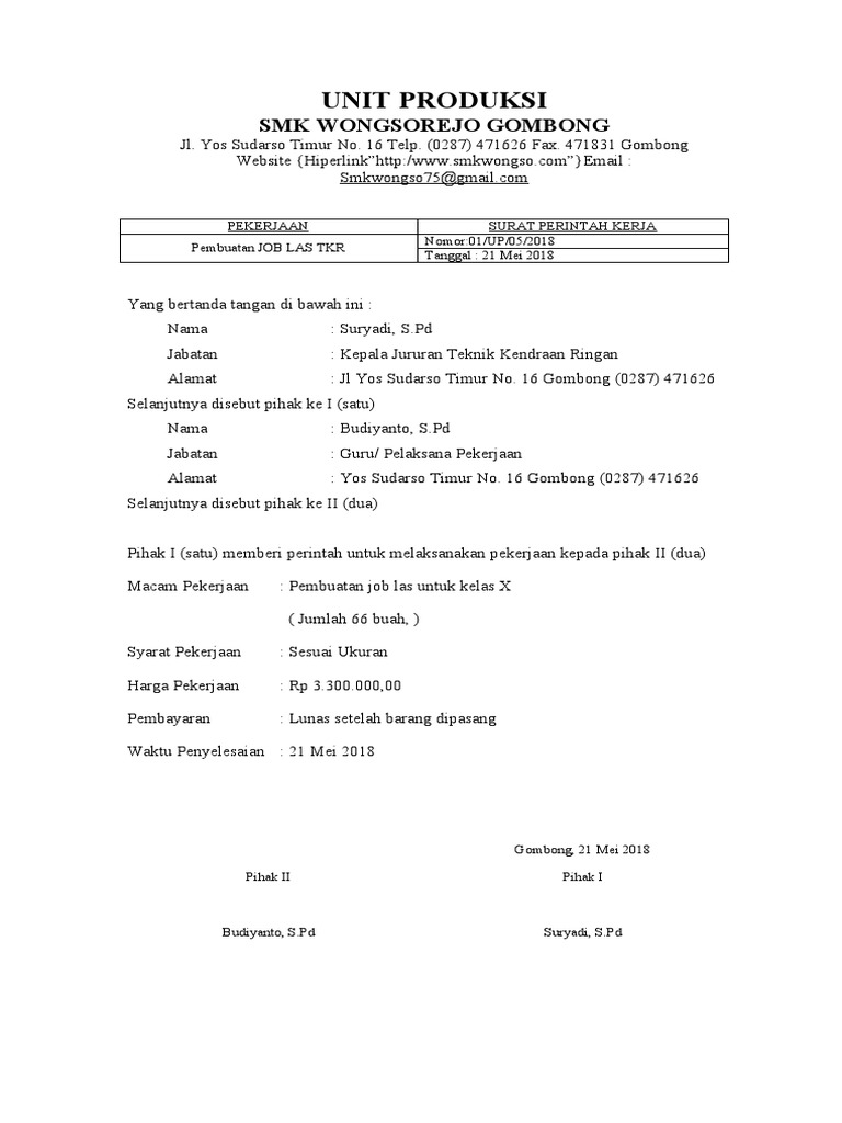 Surat Perintah Kerja UNIT PRODUKSI TKR | PDF