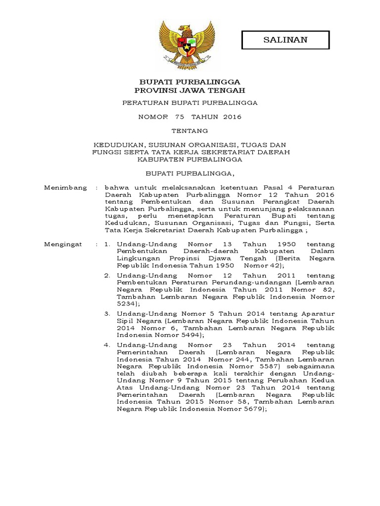 Perbup No 75 Tahun 2016 Tentang SOTK Setda | PDF