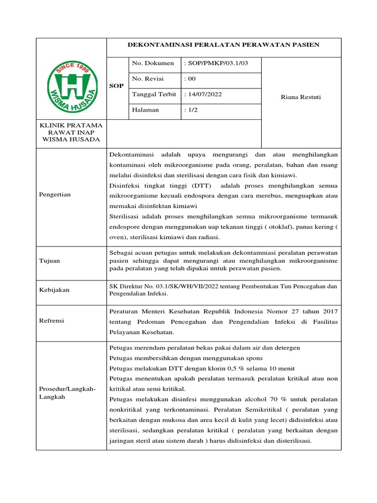 Sop Dekontaminasi Peralatan Perawatan Pasien | PDF