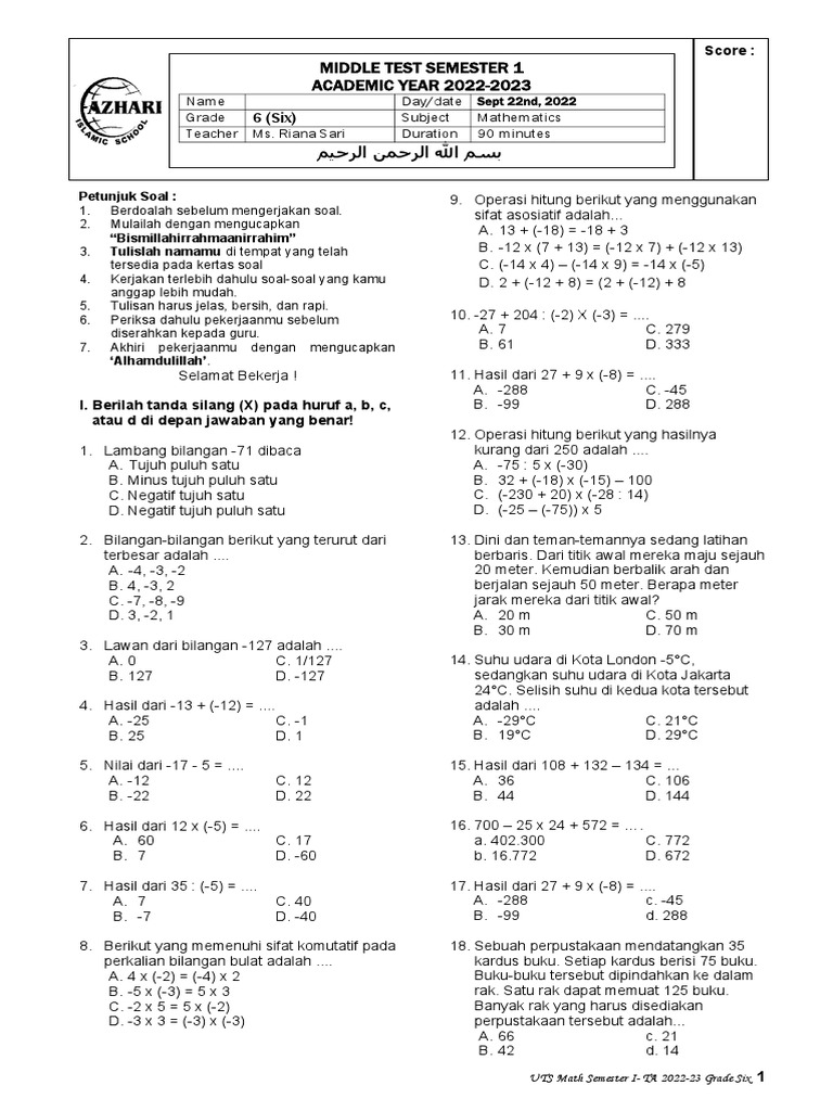 UTS1 Math Gr6 2022-23 | PDF